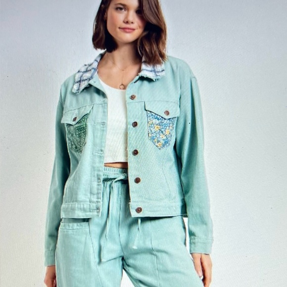 easel | Jackets & Coats | Easel Sage Blue And Blue Plaid Jean Jacket ...